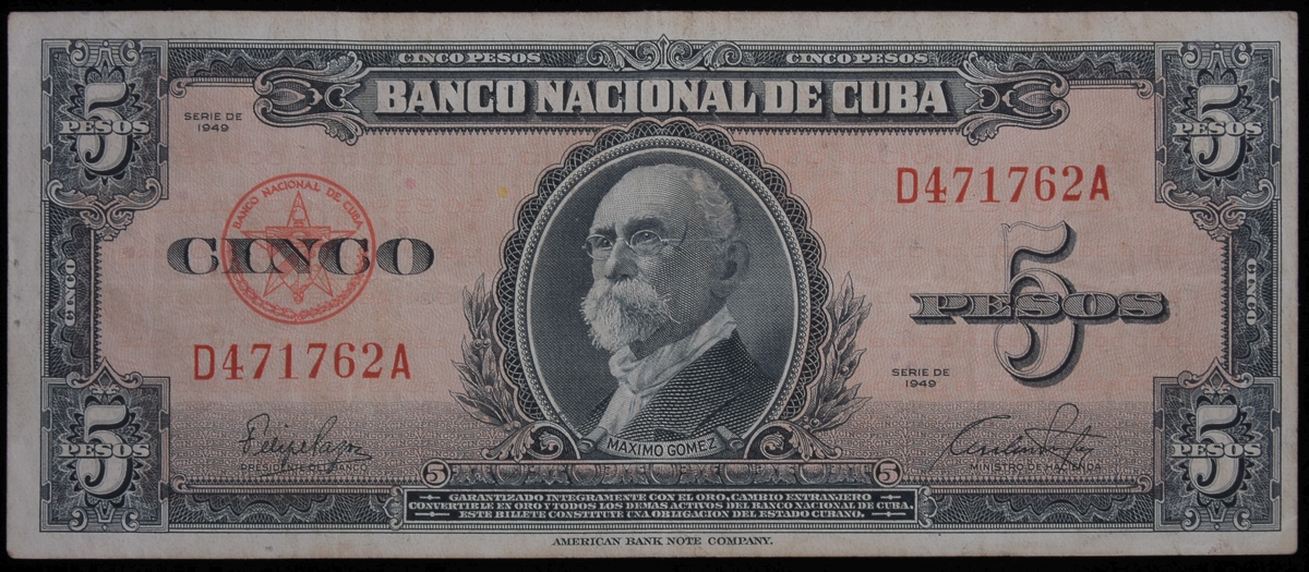 Numismática: Cédula de CUBA, Valor 5 Pesos, Série 1949,
