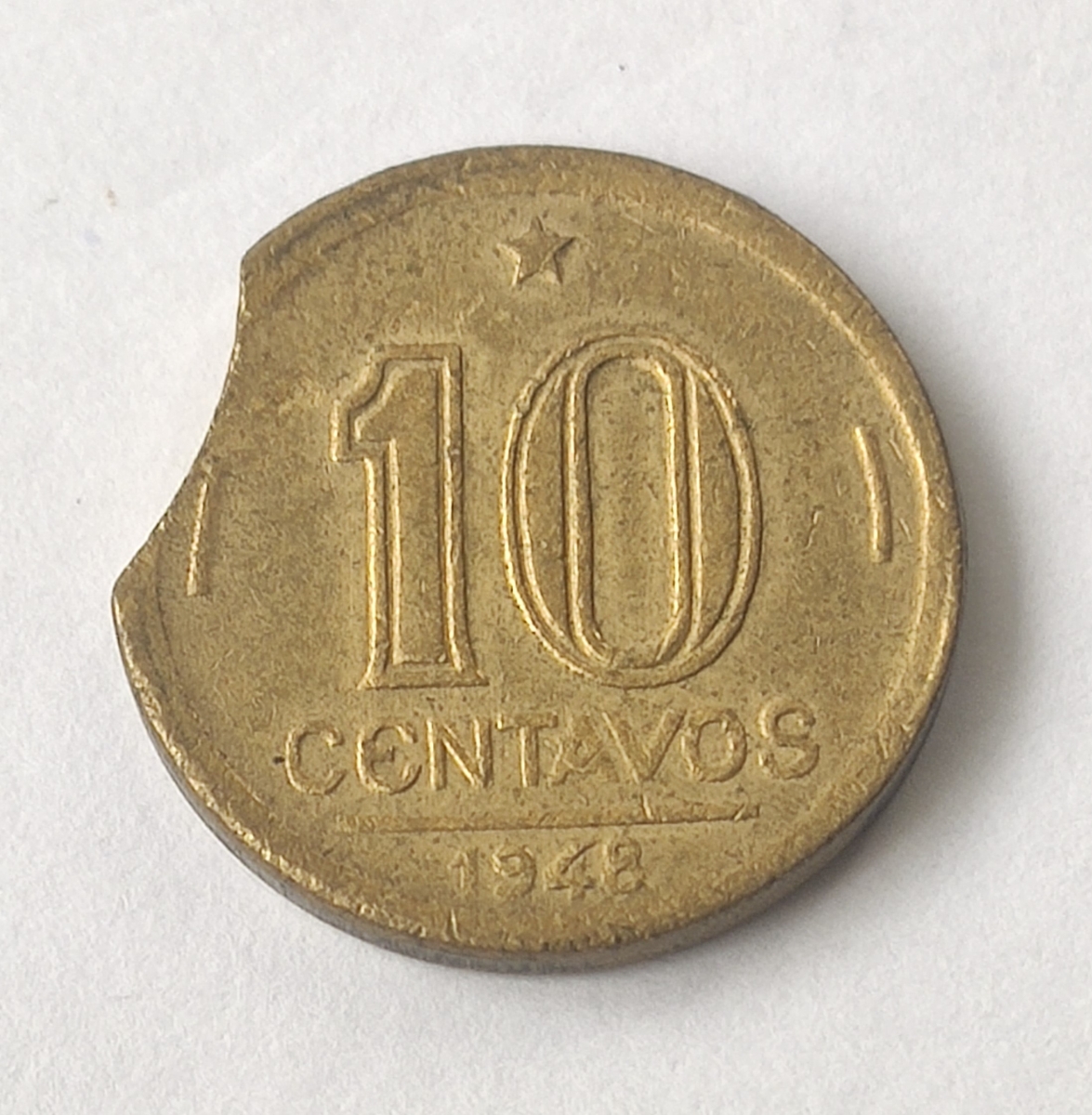 Moeda com DEFEITO, Brasil, 10 centavos 1948, final de c
