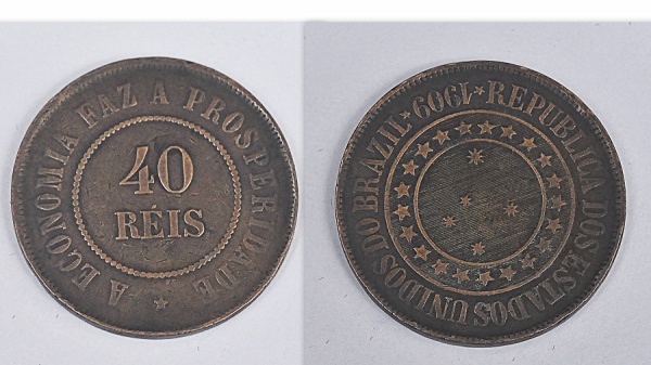 Numismática - Moeda 40 Reis, 1909, bronze, 12 gr, 30 mm