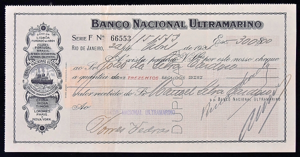 Cheque Antigo: Banco Nacional Ultramarino - FILIAL no R