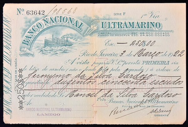 Cheque Antigo: Banco Nacional Ultramarino - FILIAL no R